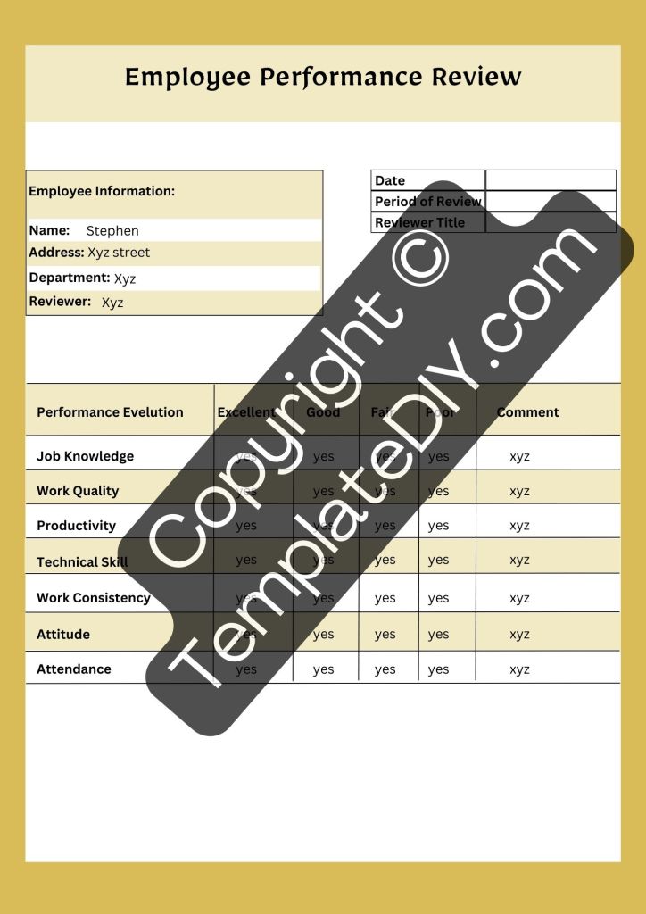 Employee Performance Review Template Printable PDF, Word
