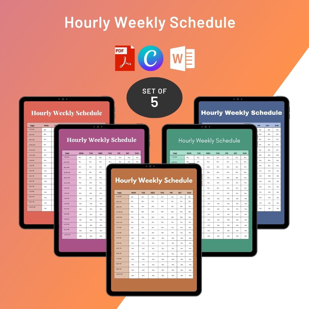 Hourly Weekly Schedule Template Printable PDF, Word