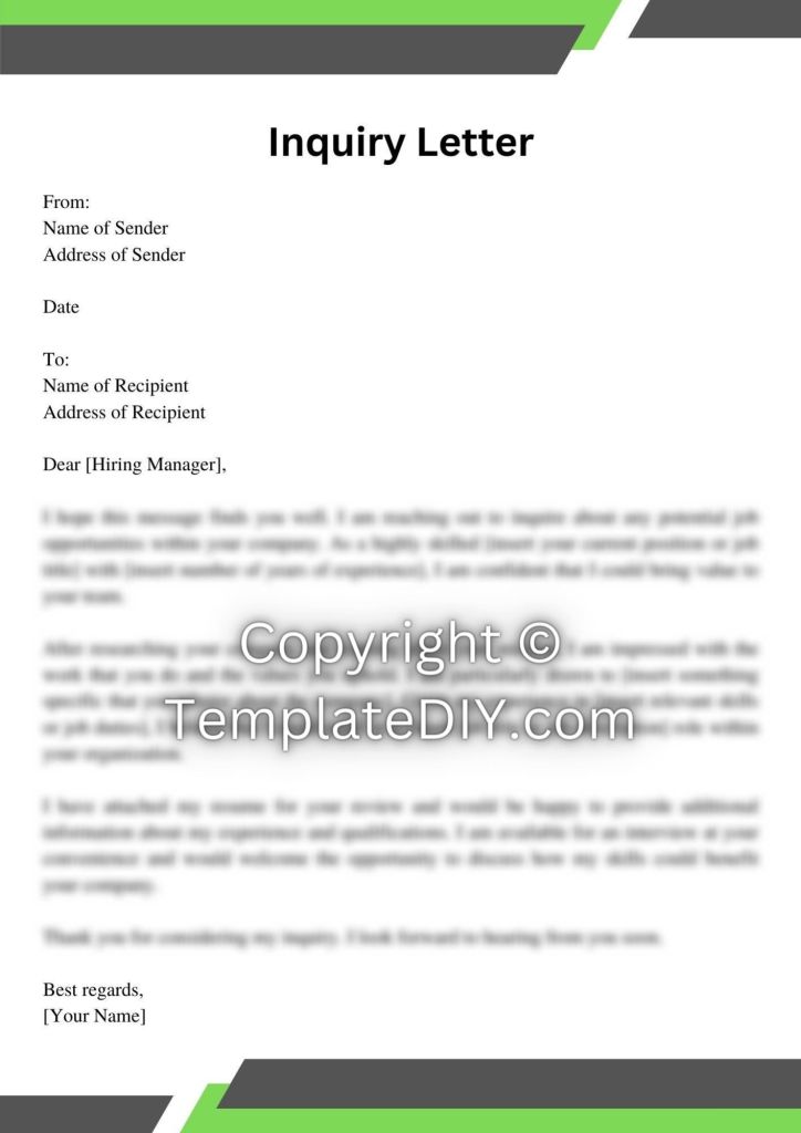 Job Inquiry Letter Template | Sample & Editable Word Format