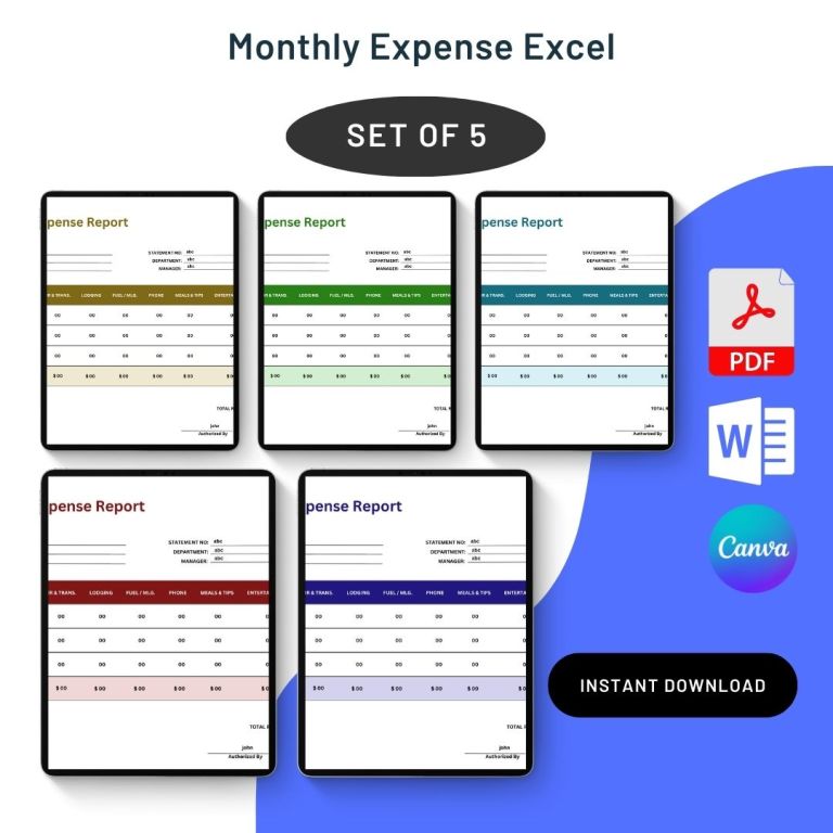 Monthly Expense Excel Template Printable PDF, Word