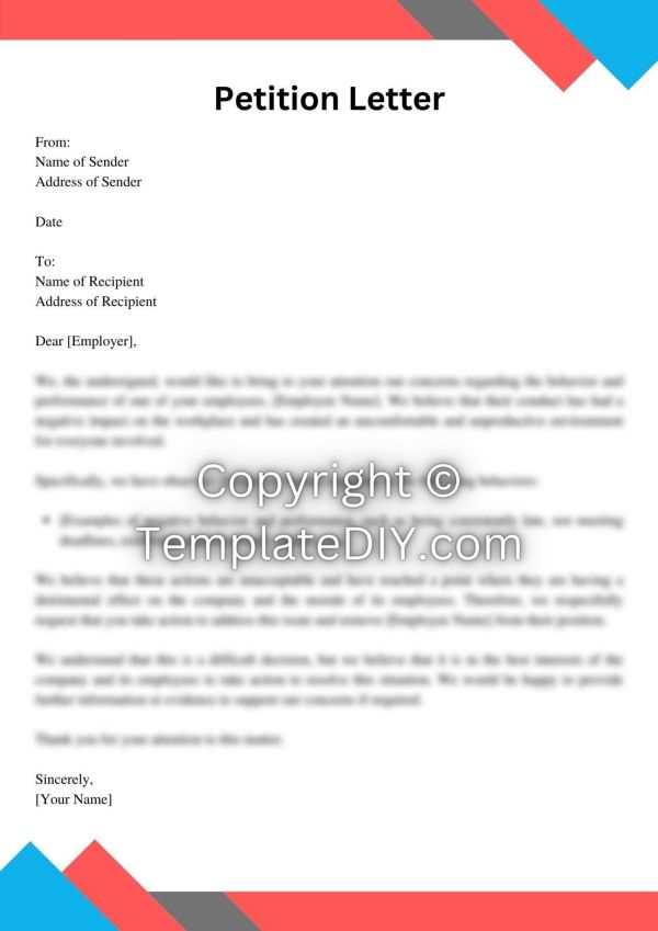 Petition Letter to Remove An Employee Sample Template