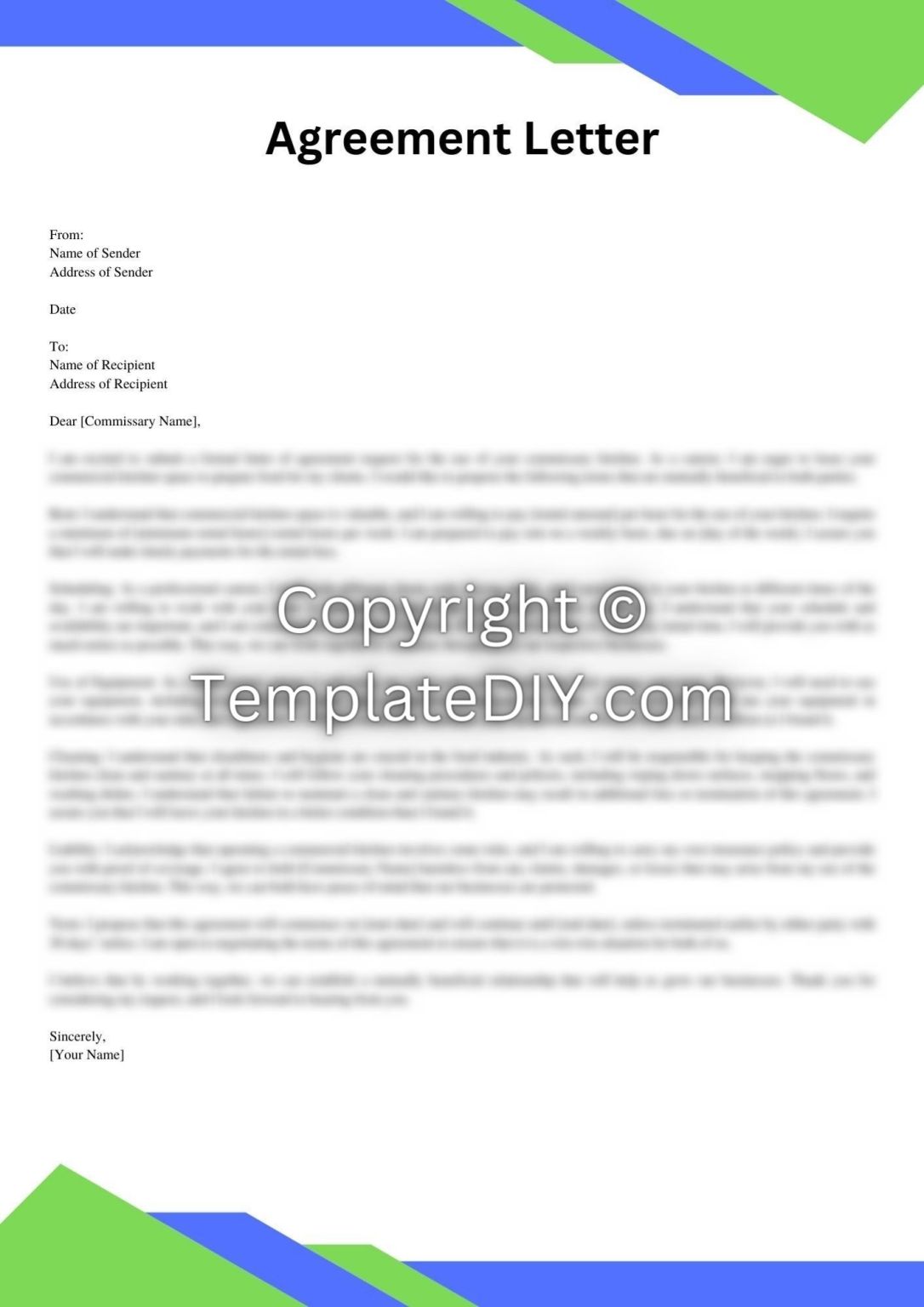 Commissary Letter of Agreement Sample Template [Word]
