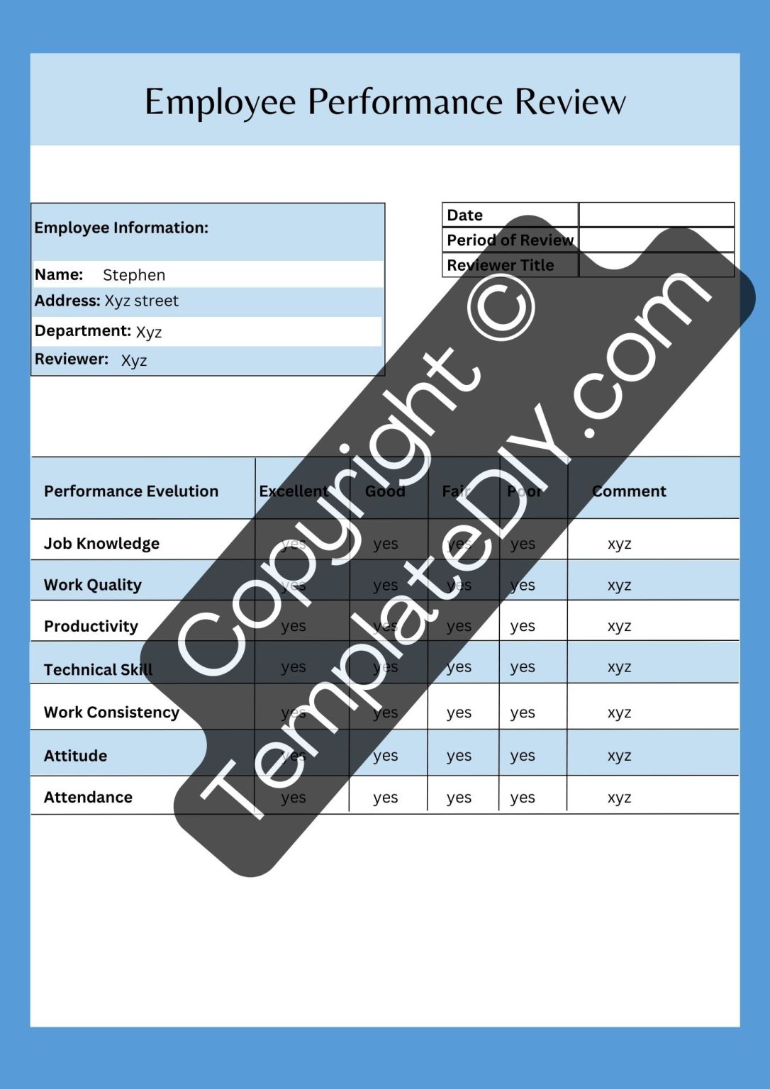 Employee Performance Review Template Printable PDF, Word