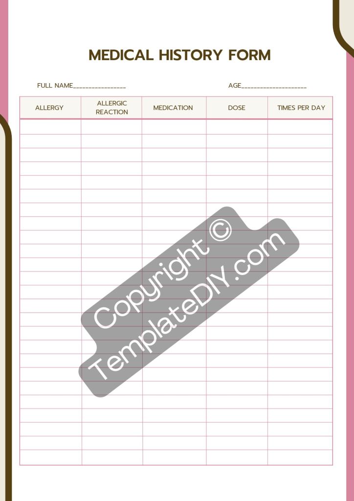 Medical History Form Template Printable in PDF, Word