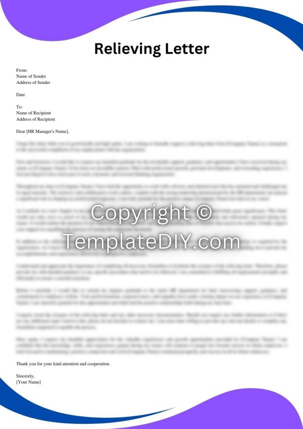 Relieving Letter to HR Sample with Examples [Word]