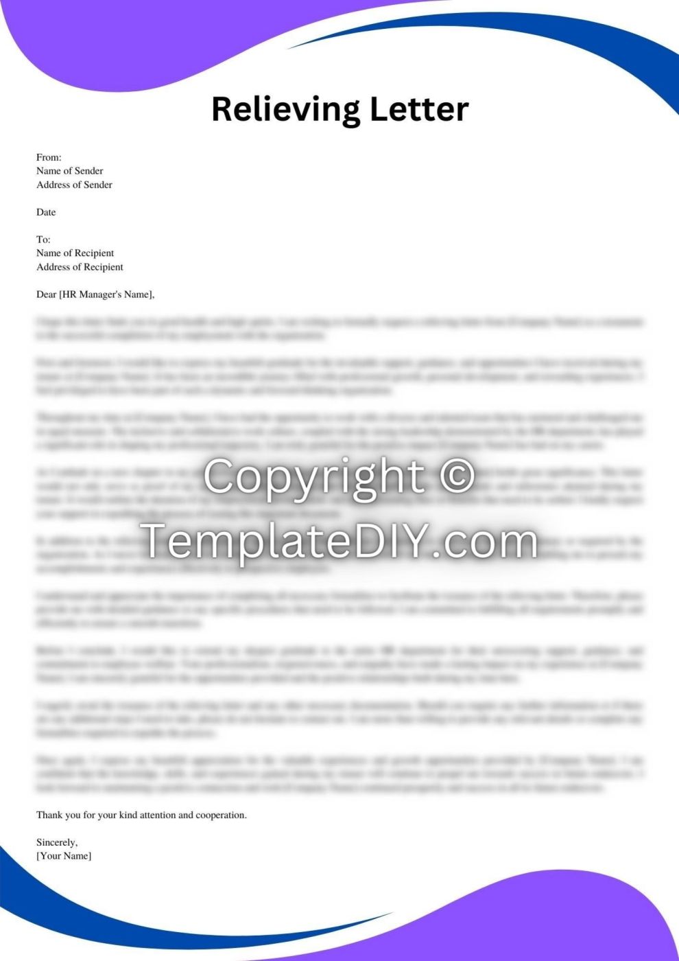 Relieving Letter to HR Sample with Examples [Word]