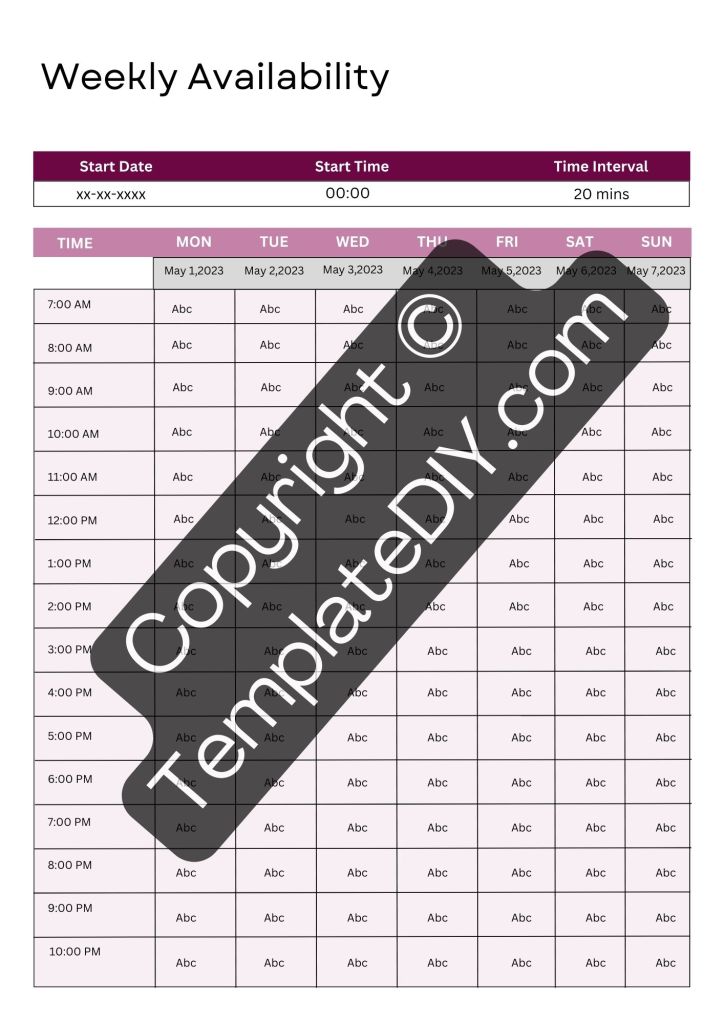 Weekly Availability Template Printable PDF, Word [Editable]