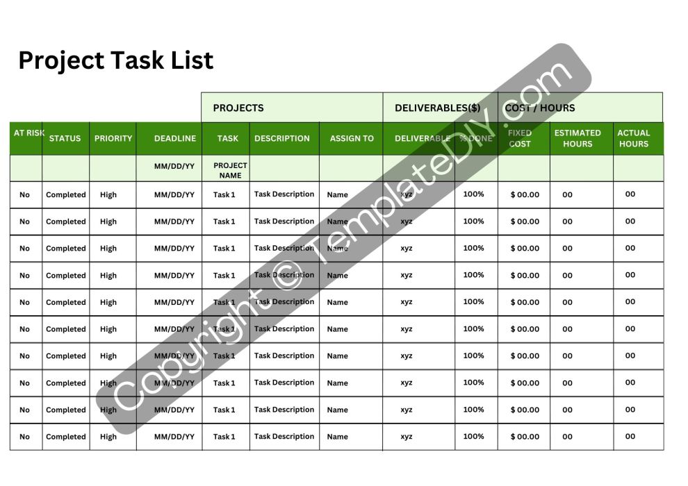Project Task List Template Printable Excel PDF, Word
