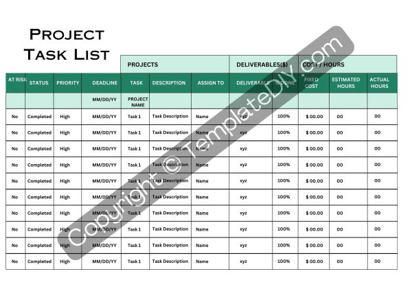 Project Task List Template Printable Excel PDF, Word