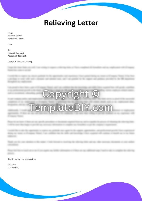 Relieving Letter to HR Sample with Examples [Word]