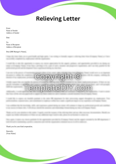 Relieving Letter to HR Sample with Examples [Word]