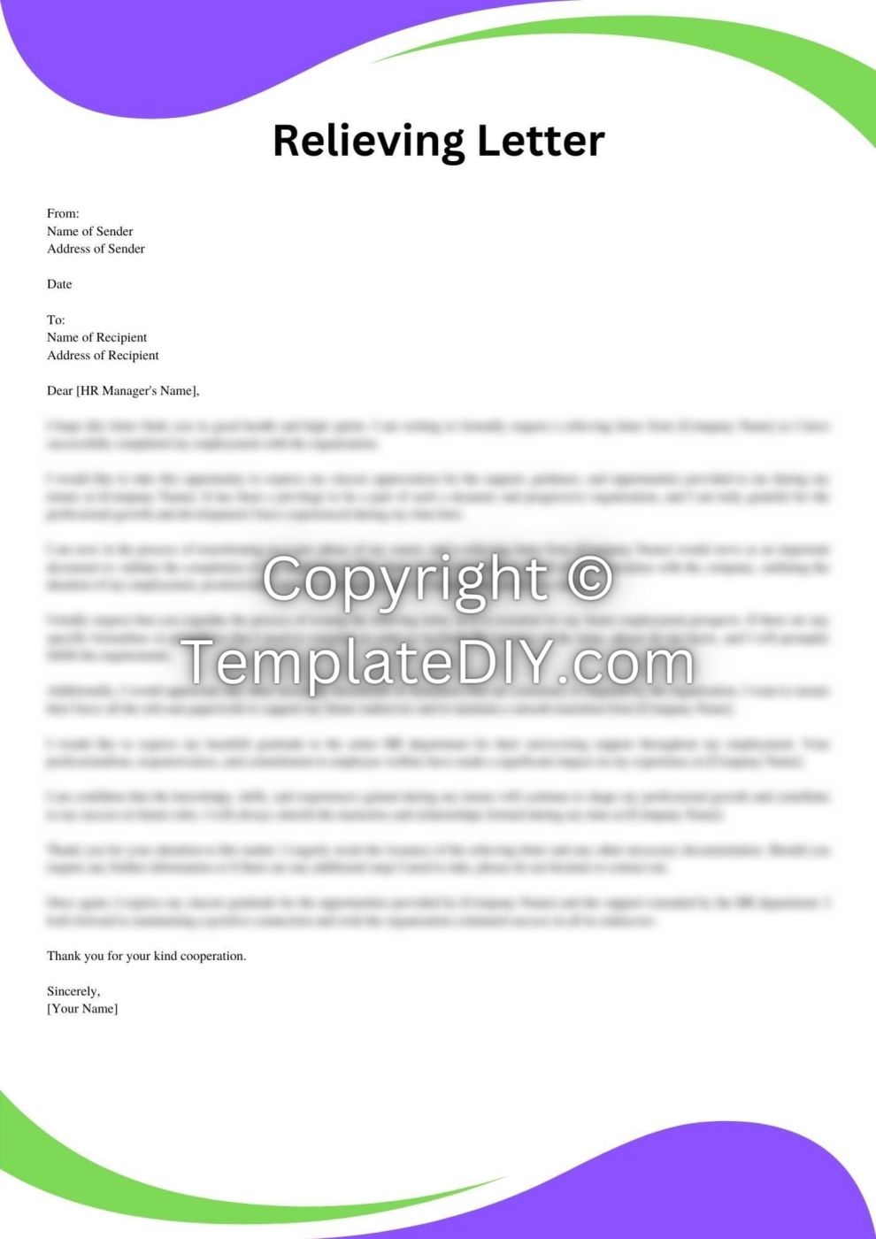 Relieving Letter to HR Sample with Examples [Word]