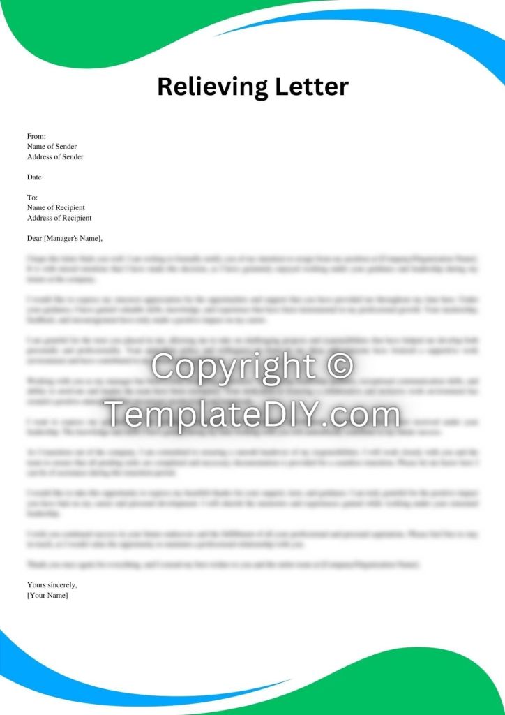 Relieving Letter to Manager Sample with Examples [Word]