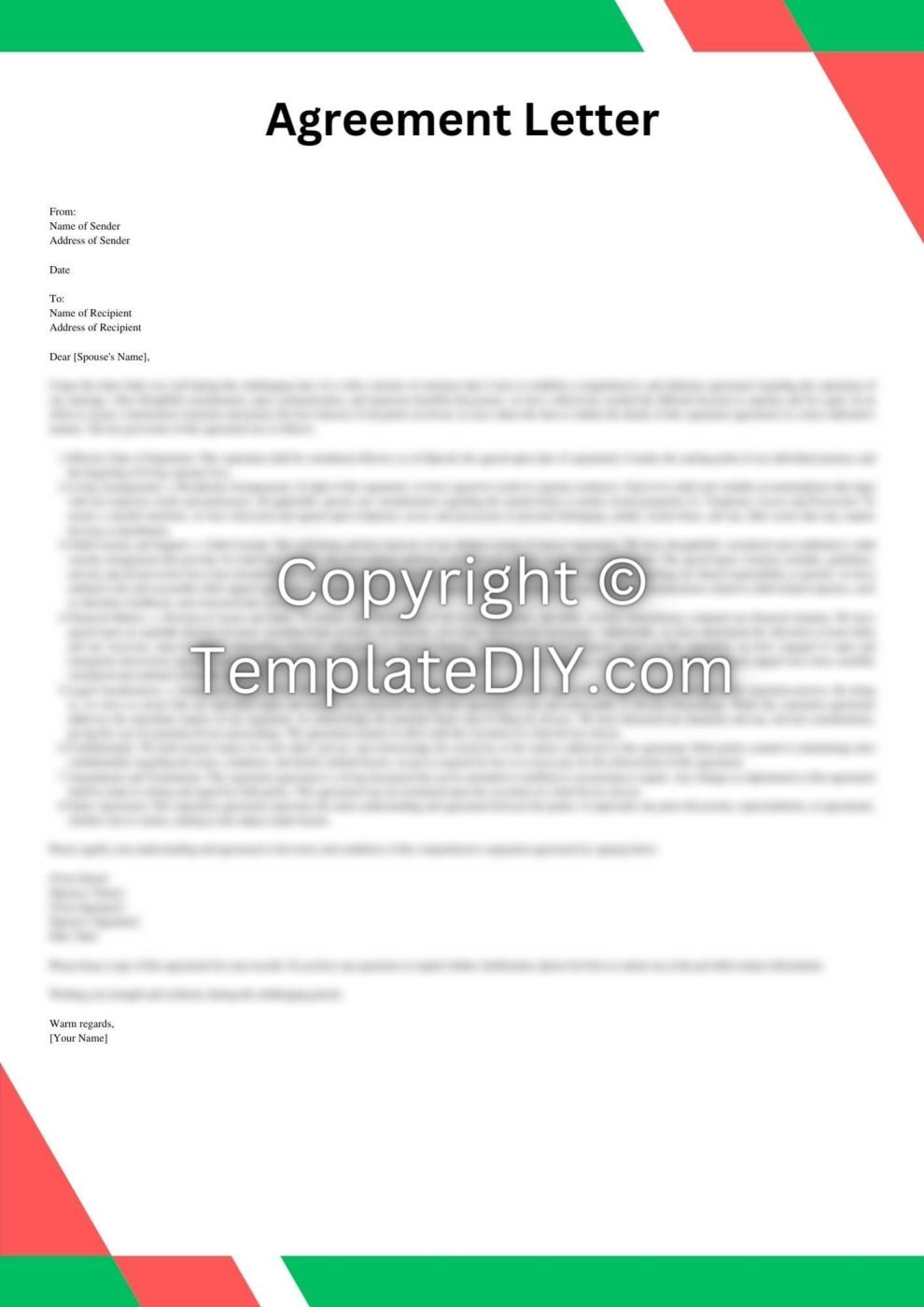 Agreement Letter for Marriage Separation Sample [Word]