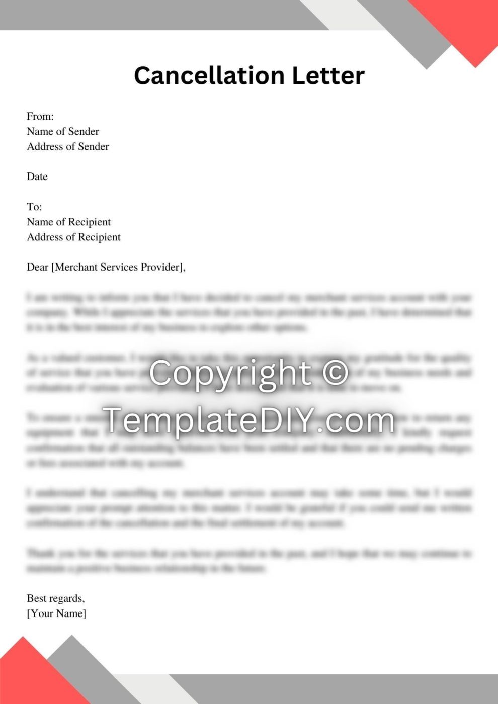 Cancellation Letter for Merchant Services Sample [Word]