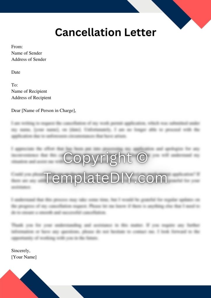 Cancellation Letter for Work Permit Sample & Template