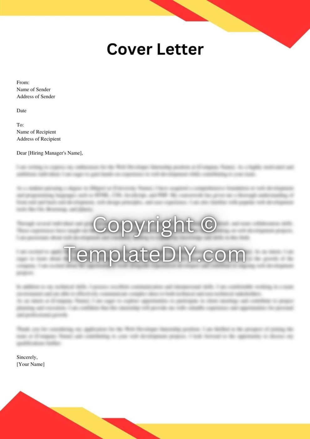 Cover Letter for Web Developer Internship Sample [Word]