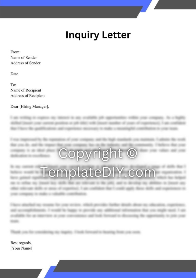 Job Inquiry Letter Template | Sample & Editable Word Format