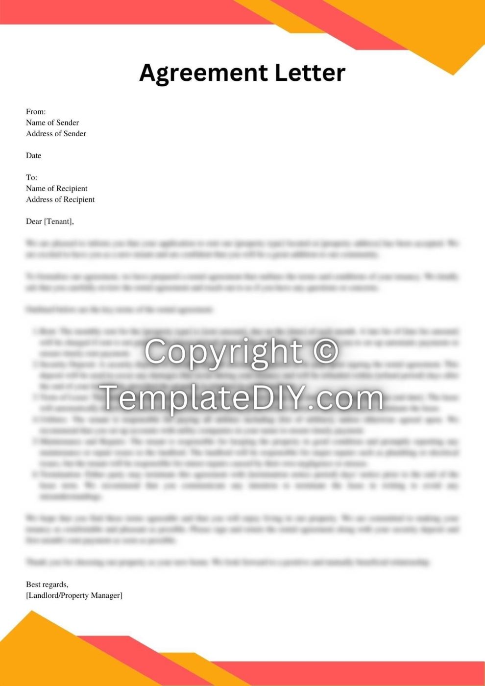 Renters Agreement Letter Sample Template with Examples