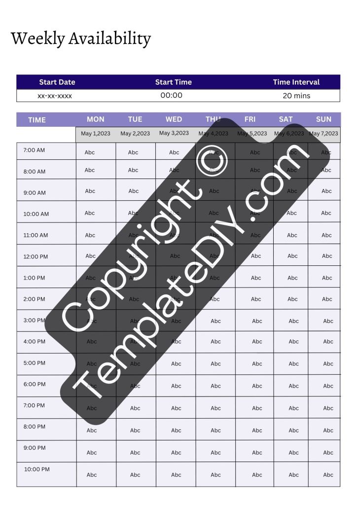 Weekly Availability Template Printable PDF, Word [Editable]