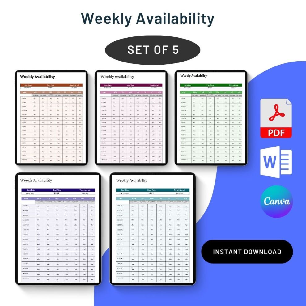 Weekly Availability Template Printable PDF, Word [Editable]