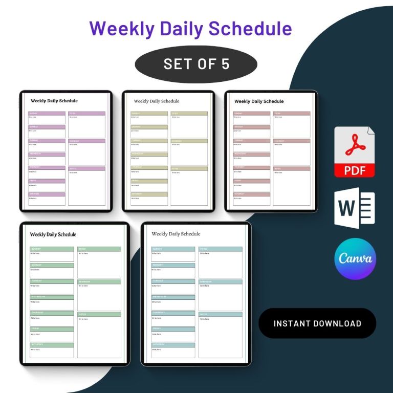 Weekly Daily Schedule Template Printable PDF, Word