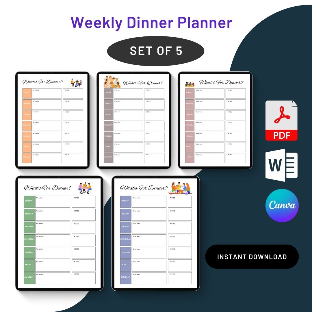 Weekly Dinner Planner Template Printable PDF, Word