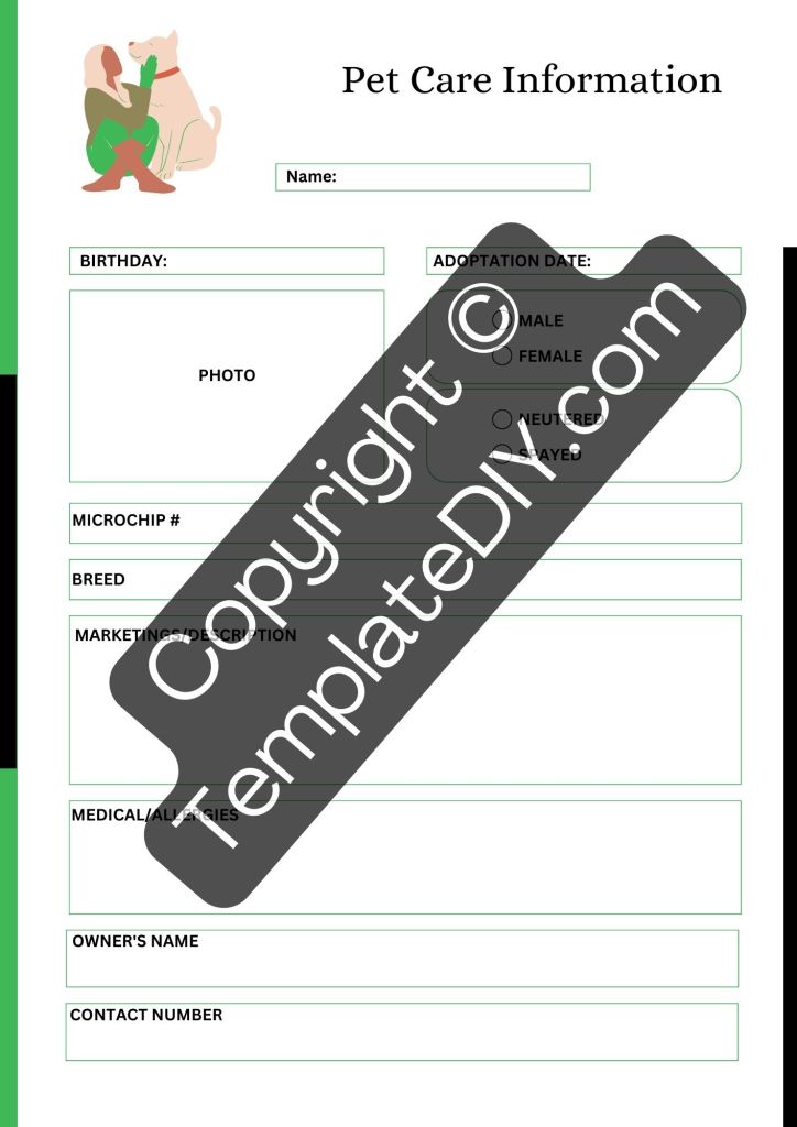 Pet Care Info Template Printable PDF, Word, Excel
