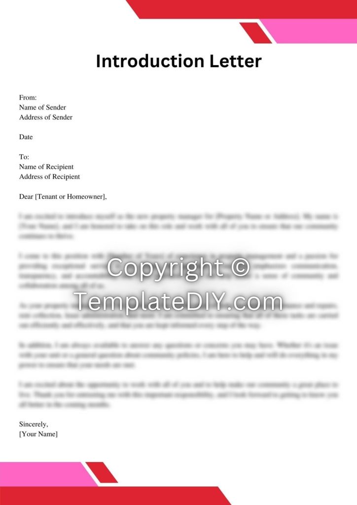 New Property Manager Introduction Letter Sample [Word]