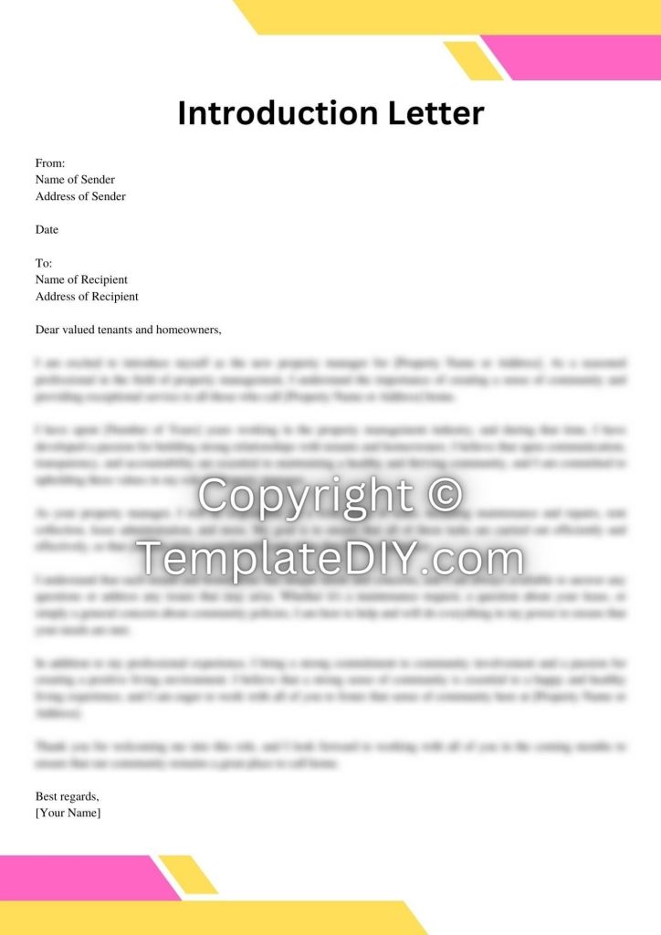 New Property Manager Introduction Letter Sample [Word]