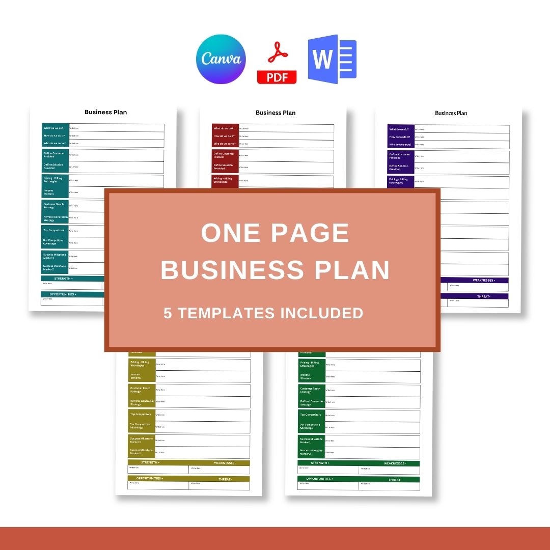 One Page Business Plan Template Printable PDF, Word
