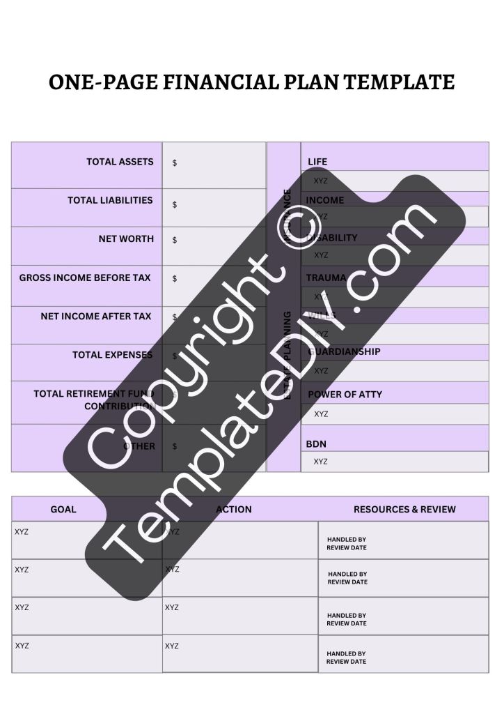 One Page Financial Plan Template Printable in PDF, Word