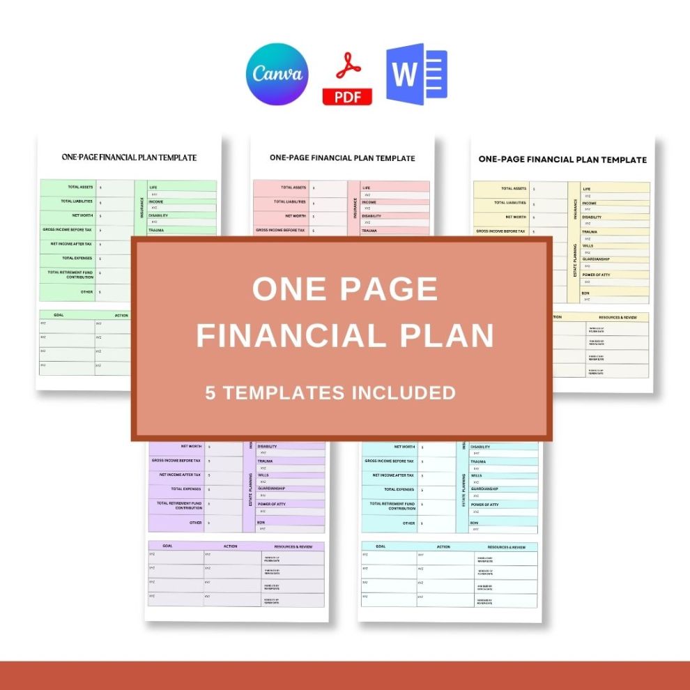 One Page Financial Plan Template Printable in PDF, Word