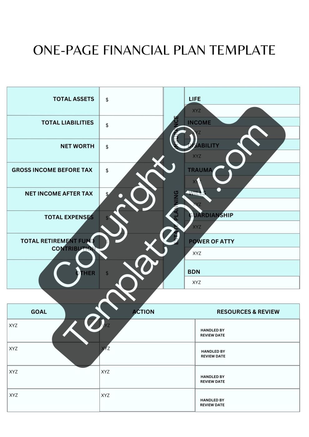 One Page Financial Plan Template Printable in PDF, Word