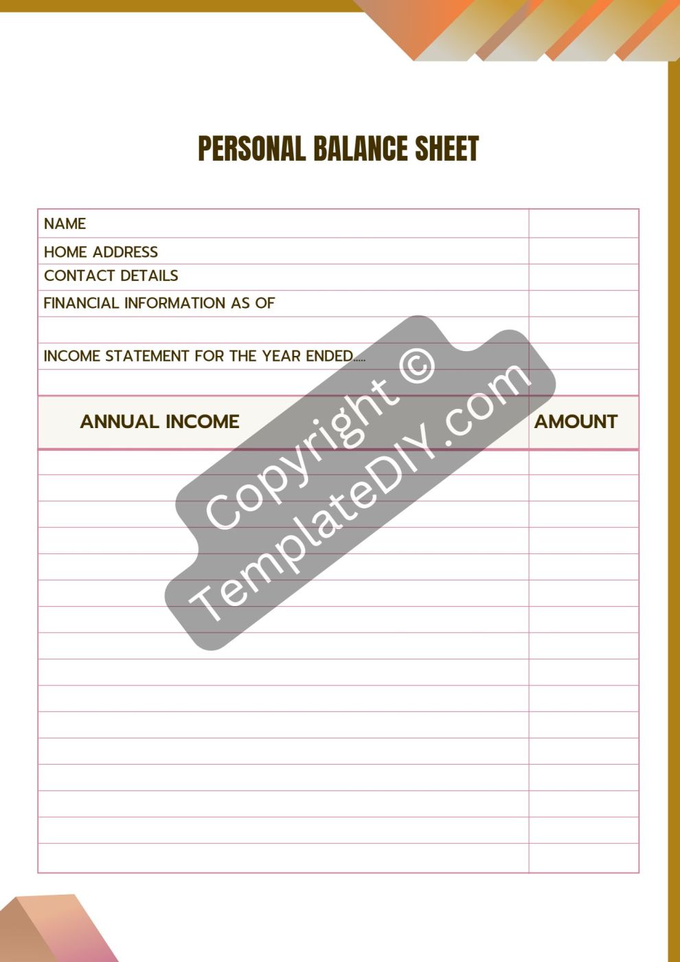 Personal Balance Sheet Template Printable PDF, Word