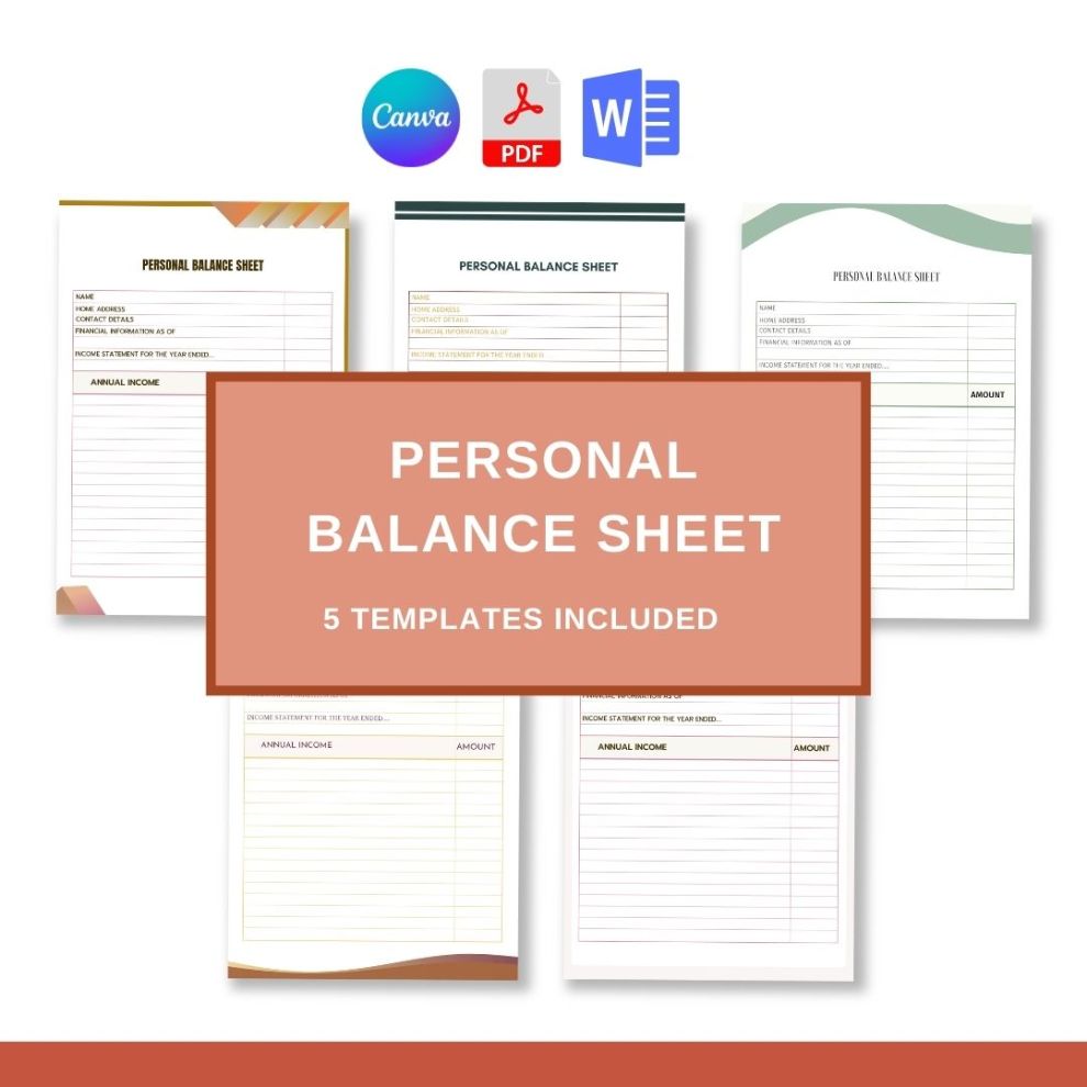 Personal Balance Sheet Template Printable PDF, Word