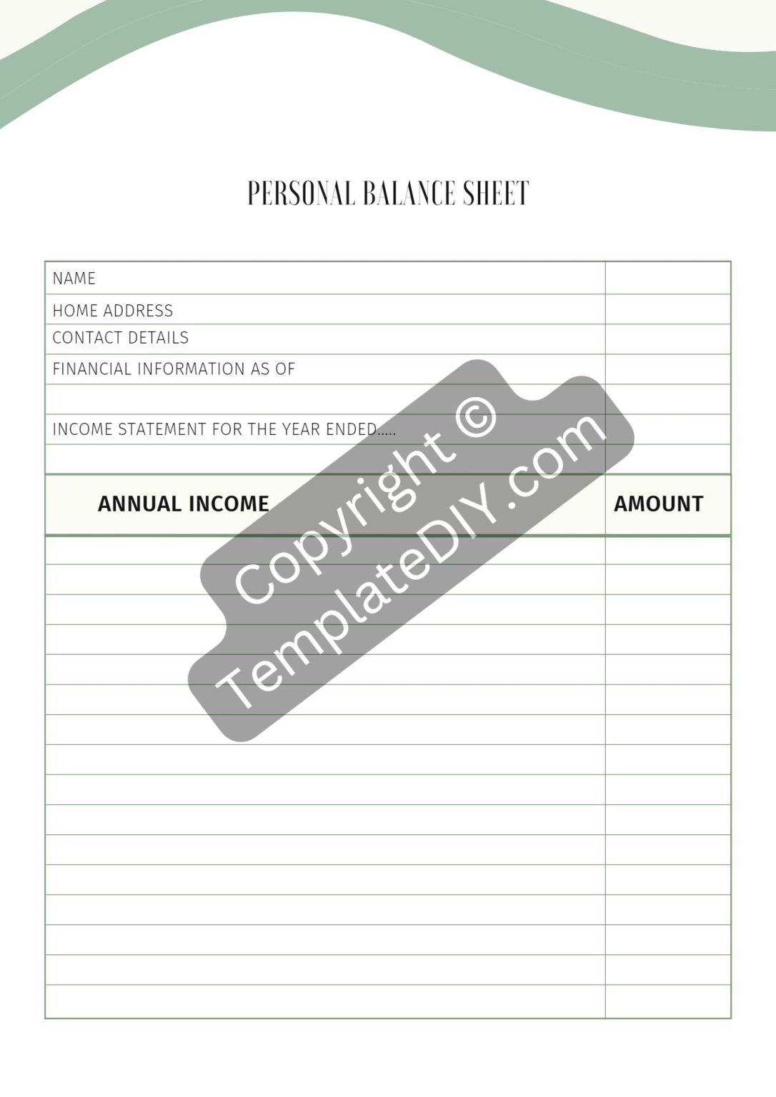 Personal Balance Sheet Template Printable PDF, Word