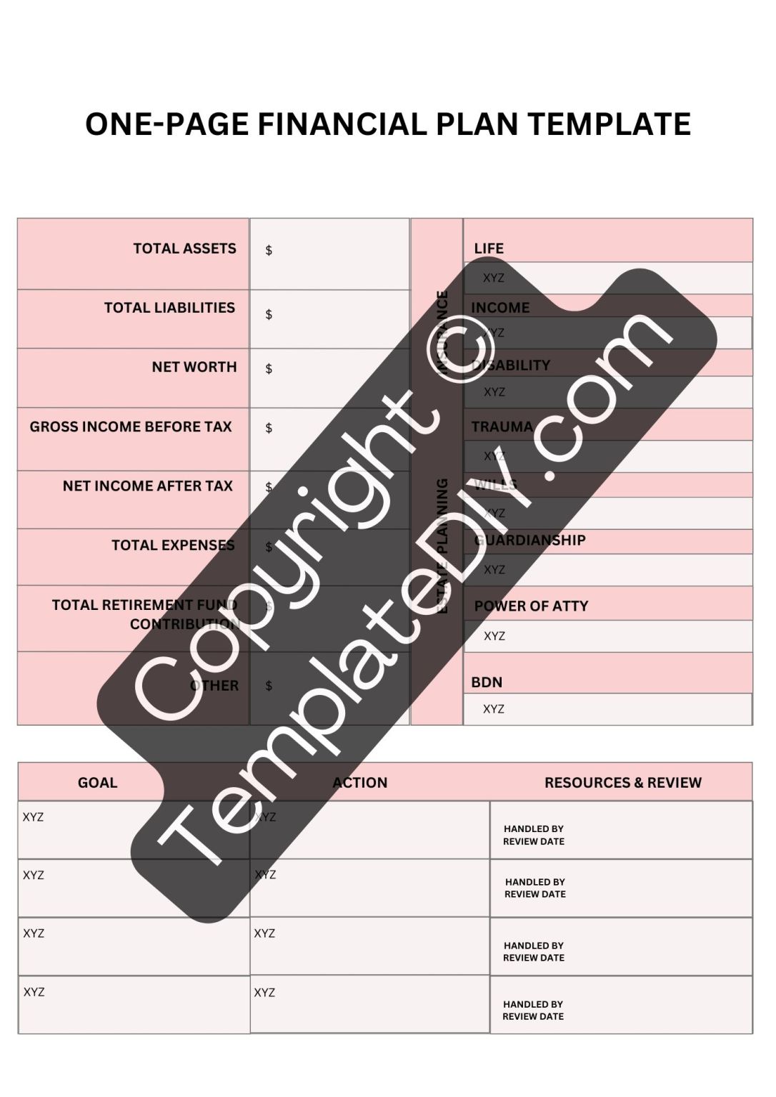 One Page Financial Plan Template Printable in PDF, Word