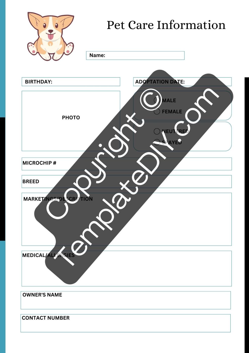 Pet Care Info Template Printable PDF, Word, Excel