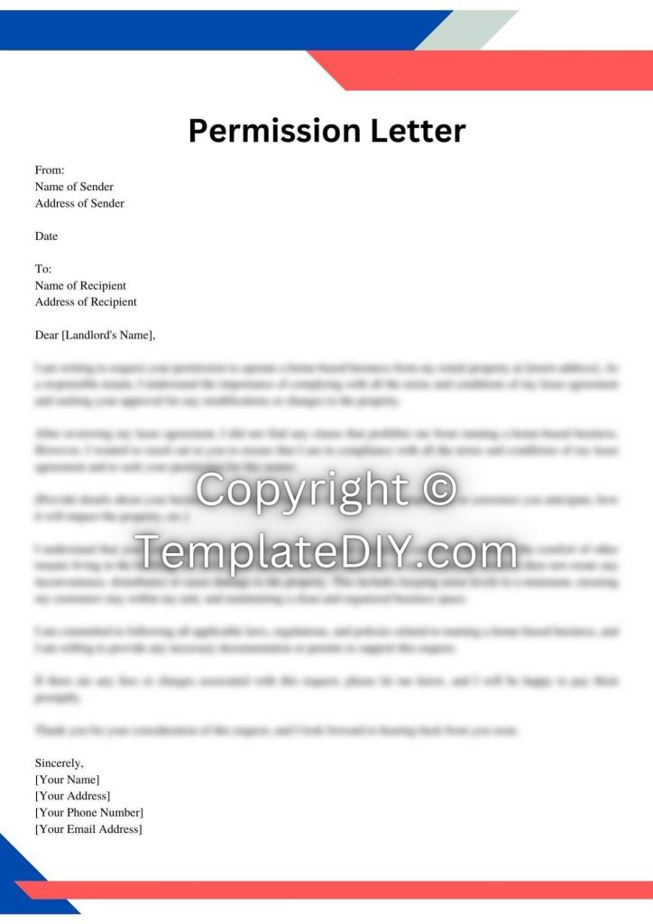 Landlord Permission Letter for Home Business Sample [Word]