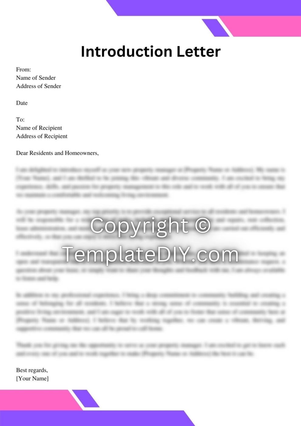 New Property Manager Introduction Letter Sample [Word]
