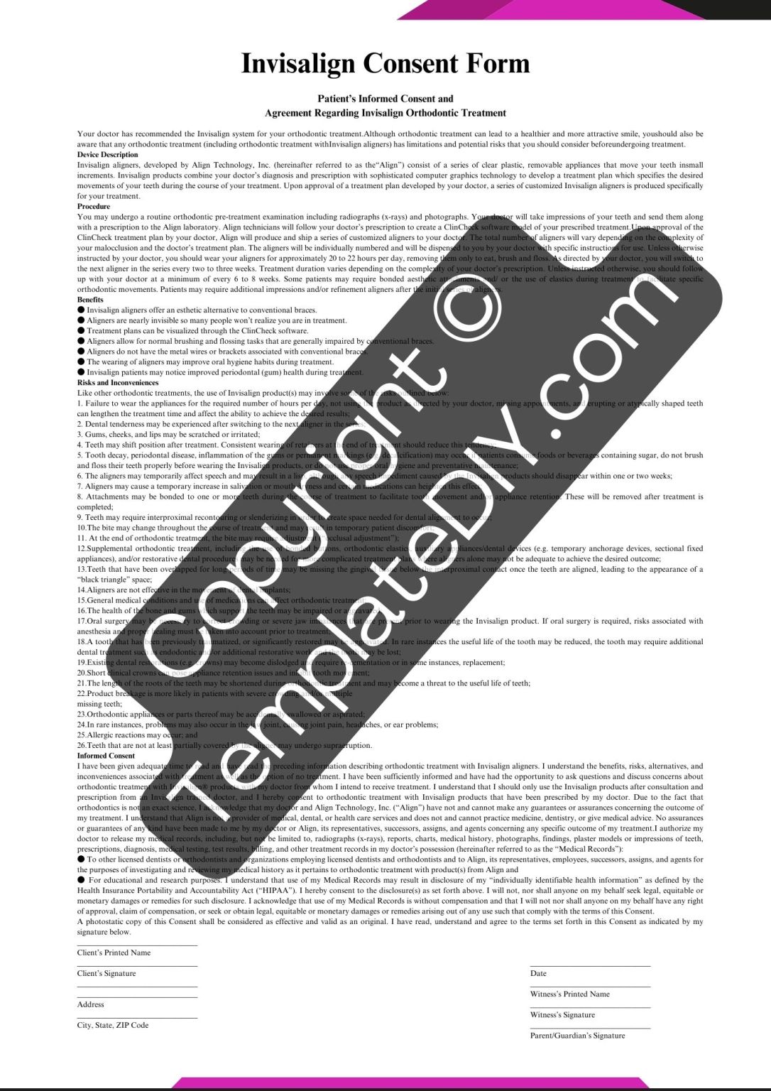 Invisalign Consent Form Template Printable PDF, Word