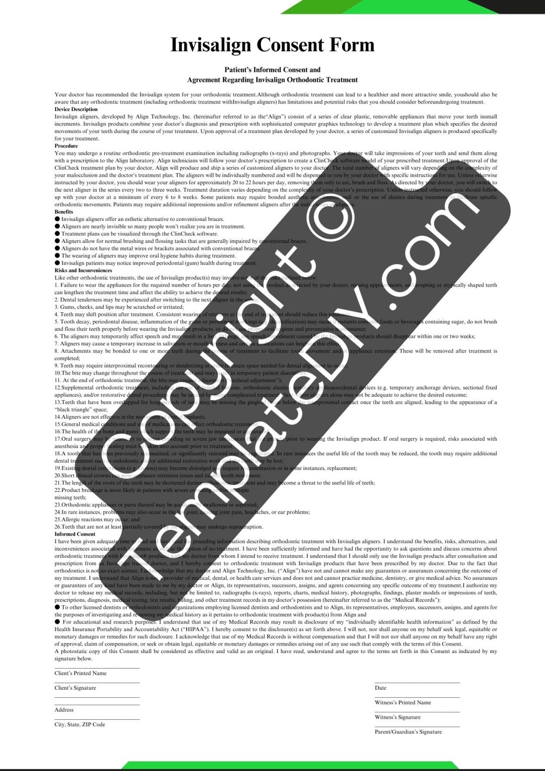 Invisalign Consent Form Template Printable PDF, Word