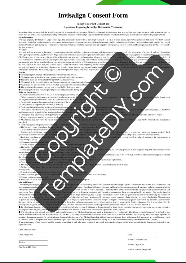 Invisalign Consent Form Template Printable PDF, Word