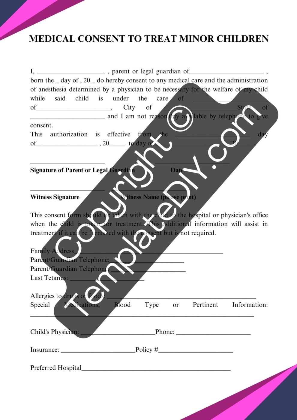 Medical Consent Form for Minor Template Printable PDF, Word