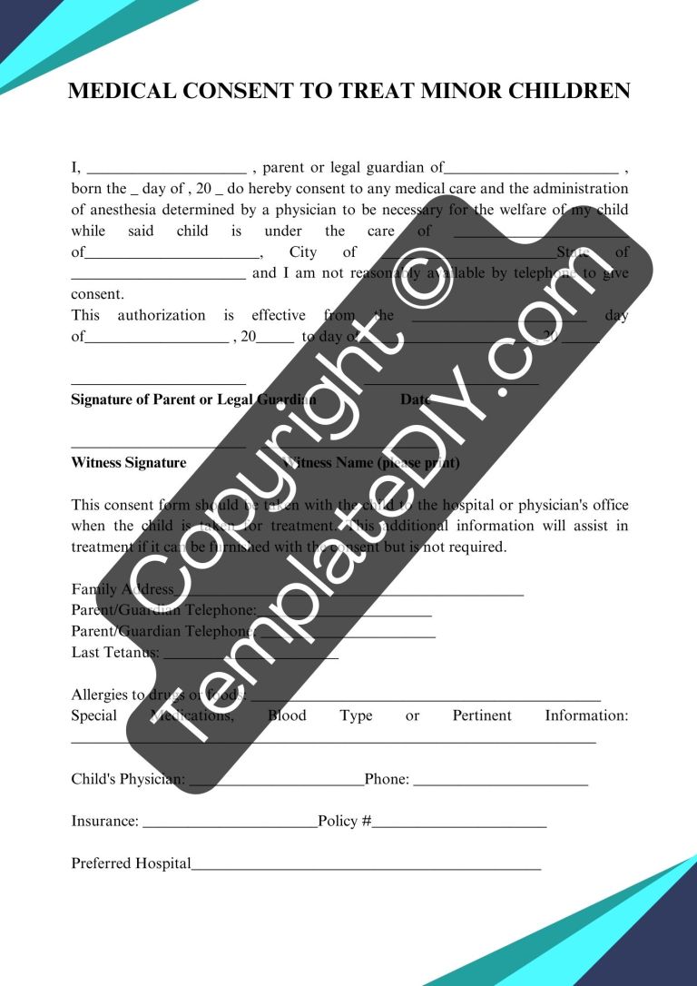 Medical Consent Form for Minor Template Printable PDF, Word