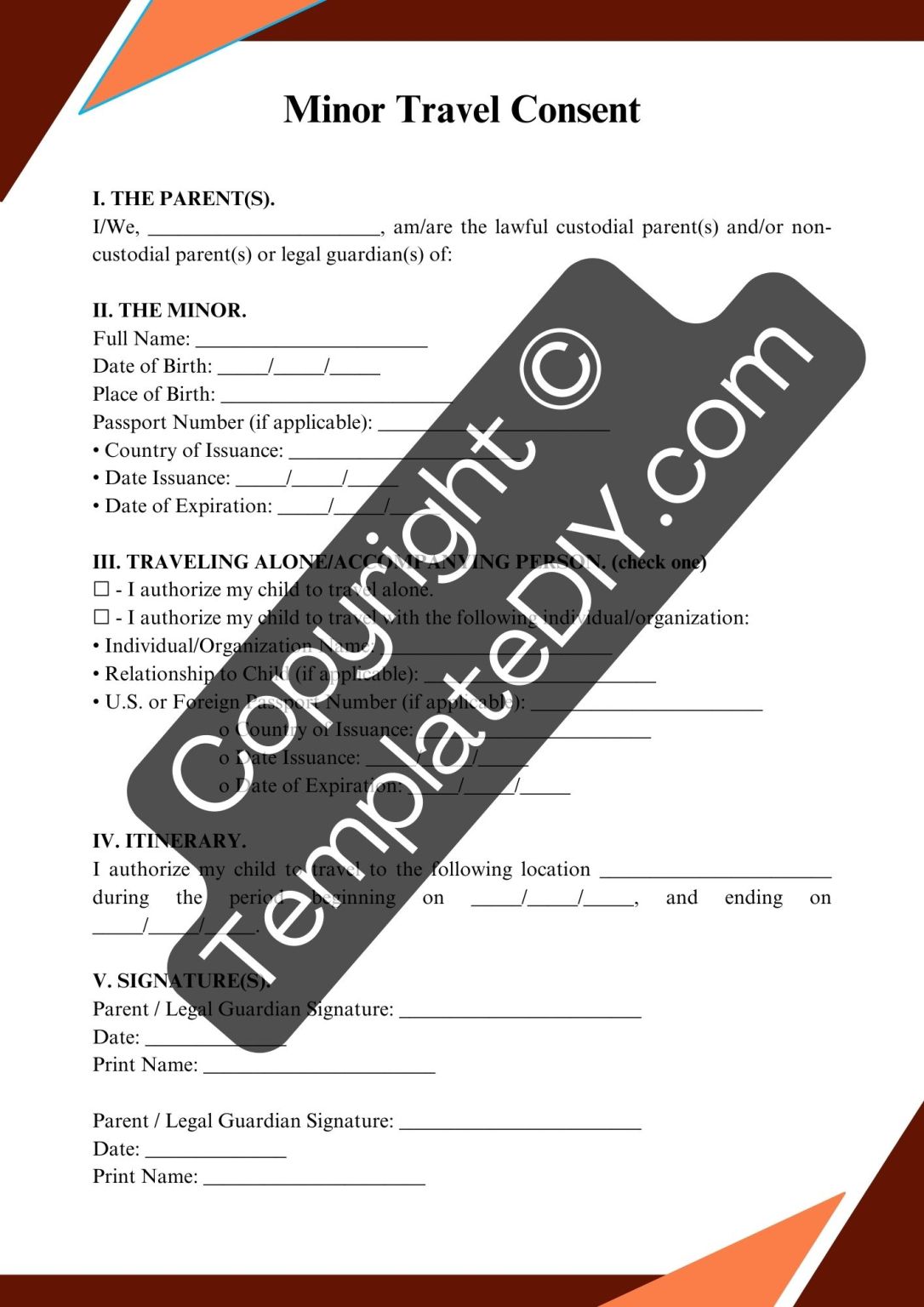 Minor Travel Consent Form Template Printable PDF, Word