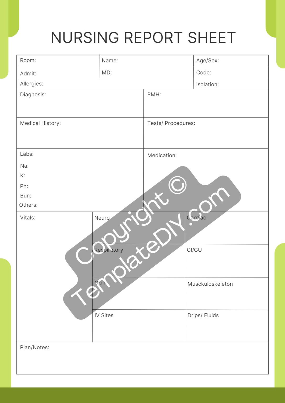 Nursing Report Sheets Template Printable PDF, Word