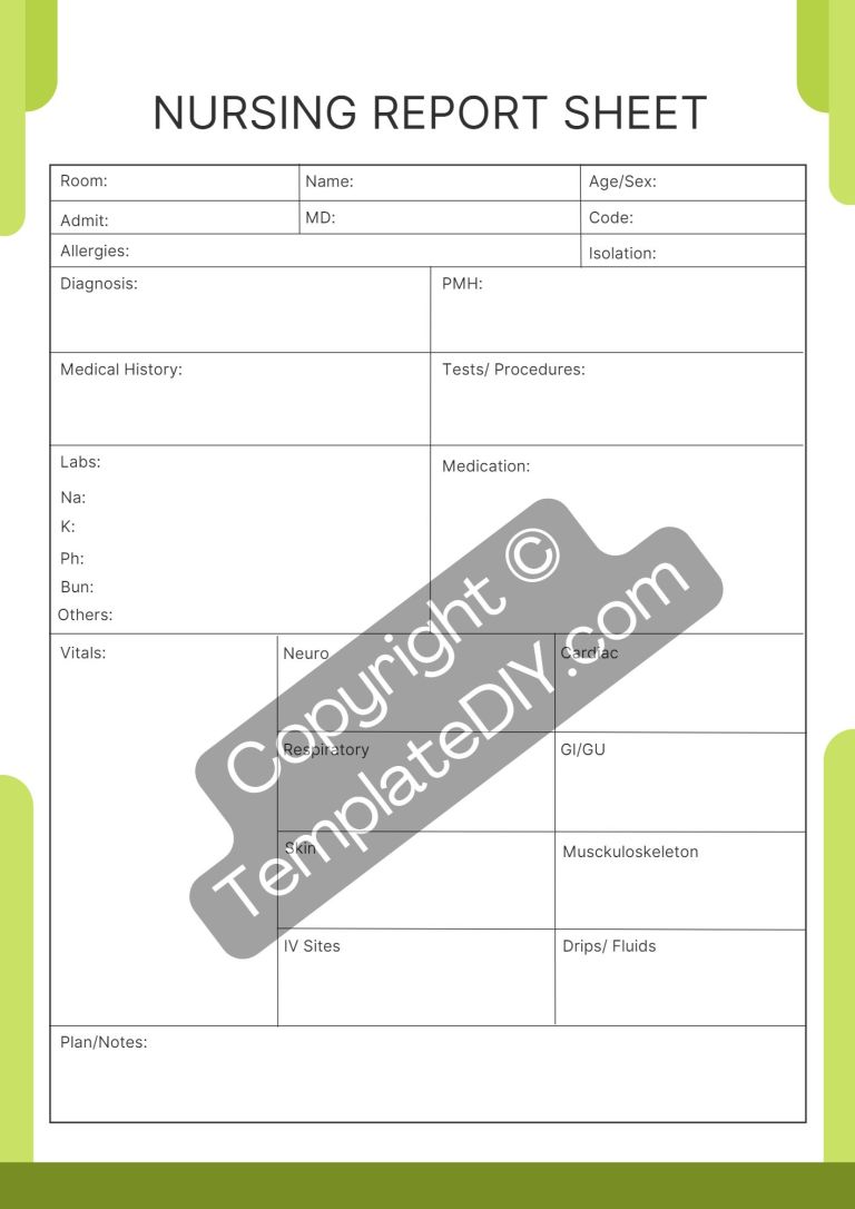 Nursing Report Sheets Template Printable PDF, Word