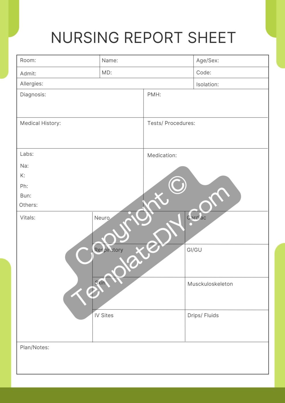 Nursing Report Sheets Template Printable PDF, Word